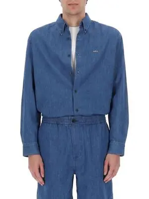 A.p.c. Cotton Shirt With Button-down Collar And Contrasting Logo - Blue
