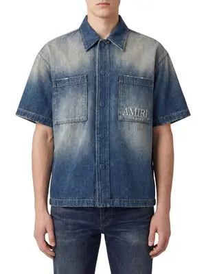 Amiri Short-sleeve Vintage Denim Shirt With Embroidered Logo And Patch Pockets - Sand