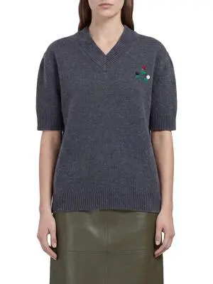 Marni V-neck Virgin Wool And Cashmere Jumper With Embroidery - Grey