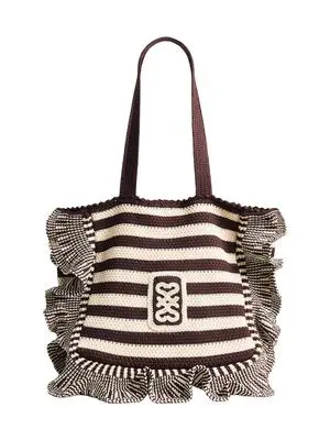 Sandro Crochet Stripe Tote Bag With Ruffles - Beige
