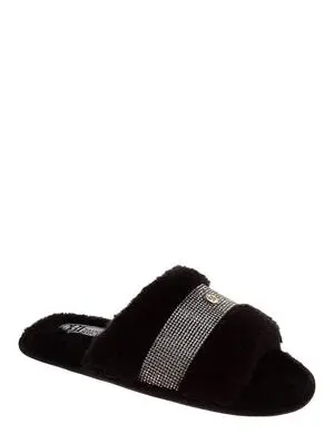 Badgley Mischka Fuzzy Rhinestone Logo Slides - Black