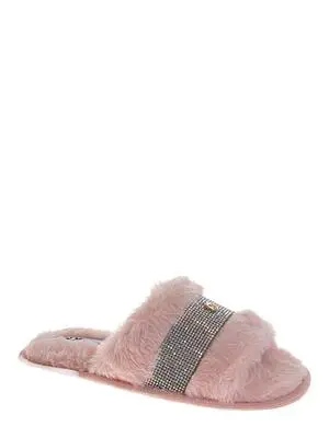 Badgley Mischka Fuzzy Rhinestone Logo Slides - Pink