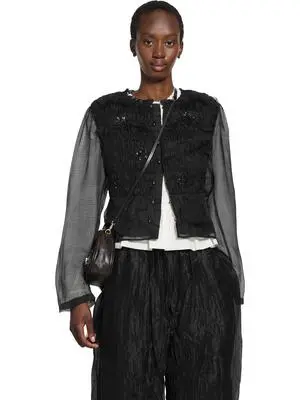 RENLI SU Shirred Silk Twill And Organza Shirt With Sequined Embroidery - Black