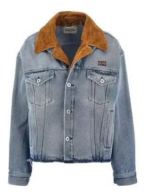 Miu Miu Denim Jacket With Detachable Suede Collar - Blue