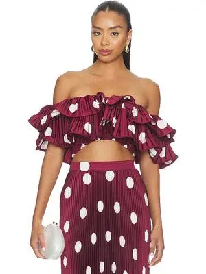 L'IDEE Debut Polka Dot Ruffle Off-the-shoulder Top - Wine