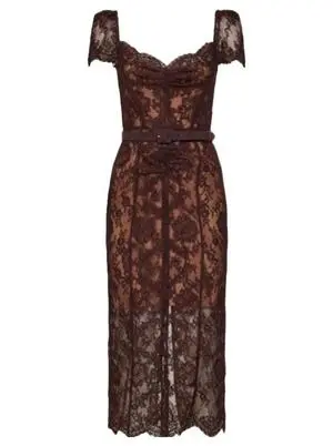SELF-PORTRAIT Self-Portrait Floral Lace Belted Midi Dress No