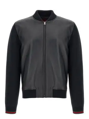 Gucci Leather And Wool Knit Bomber Jacket With Tassel - Blue