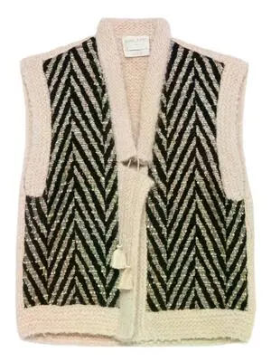 FORTE_FORTE Sleeveless Chevron-pattern Tasseled Jacket - Neutrals