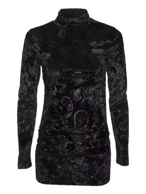 GANNI Velour Paisley Ruched High Neck Top - Black