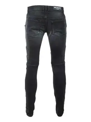 Balmain Distressed Ribbed Slim Cut Jeans - Black