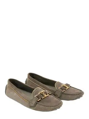 LOUIS VUITTON Suede Zip Trim Loafers - Grey