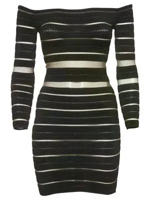 Balmain Off-shoulder Striped Sheer Paneled Dress - Black