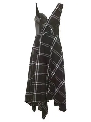 Alexander McQueen Check Pattern Leather Trim Midi Dress - Black