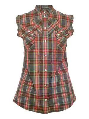 Dolce & Gabbana Plaid Sleeveless Band Collar Shirt - Red