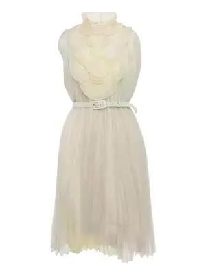 Prada Pleated Ruffled Dress With High Neck - White
