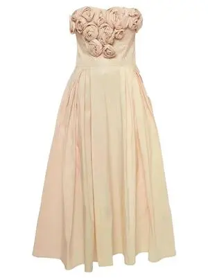 Elisabetta Franchi Strapless Sweetheart Neck Rose Appliqué Gabardine Dress - Neutrals