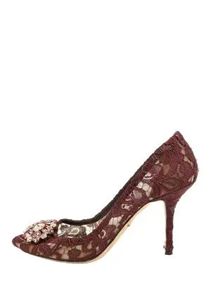 DOLCE & GABBANA Dolce & Gabbana Burgundy Floral Lace Crystal Embellished Pointed Toe Pumps
