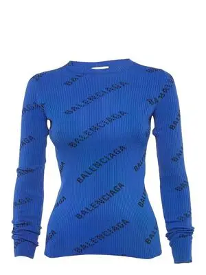 Balenciaga All-over Logo Print Rib-knit Sweater - Blue