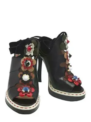Fendi Leather Floral Appliqué Ankle Strap Sandals - Black