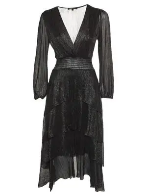 Maje Asymmetric Tiered Midi Dress With V-neck And Long Sleeves - Black