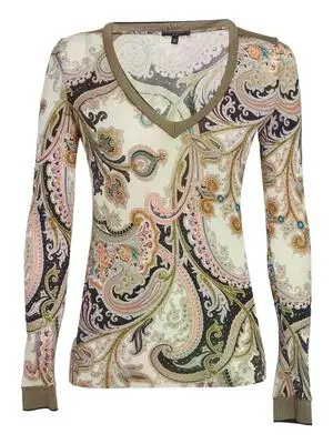 Etro Paisley Print V-neck Long Sleeve T-shirt - Neutrals