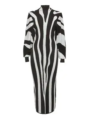 Balmain High-neck Zebra Print Midi Dress - Black