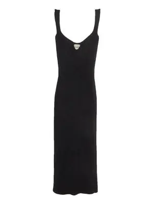 Khaite Ribbed Knit Midi Dress With V-neck And Slit - Black