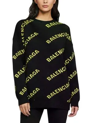 Balenciaga Logo Intarsia Crew Neck Sweater - Black