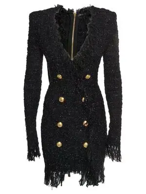 Balmain Bouclé Tweed Fringed Mini Dress - Black