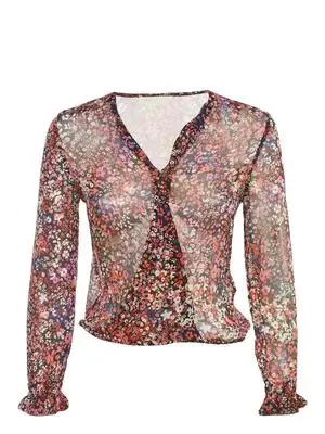 Maje Silk Floral Print V-neck Long Sleeve Top - Black