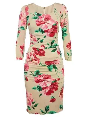 Dolce & Gabbana Beige Floral Print Ruched Midi Dress - Neutrals
