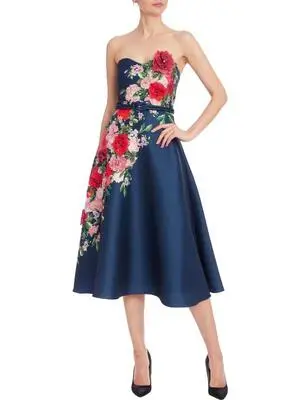 Badgley Mischka Strapless Floral Appliqué Cocktail Dress - Navy