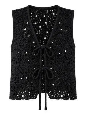 IZABELA MANDOIU Crochet Floral Tie-front Vest - Black