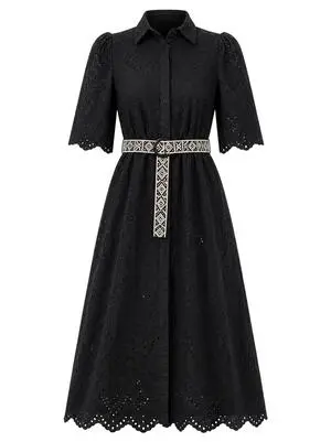 IZABELA MANDOIU Broderie Anglaise Midi Shirt Dress With Detachable Belt And Pockets - Black