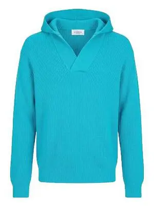 LANEUS Turquoise Merino Wool & Cashmere Hooded Sweater - Blue