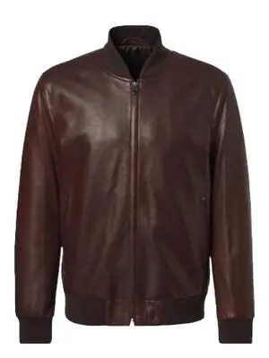 Brioni Leather Bomber Jacket With Ribbed Knit Trim - Black