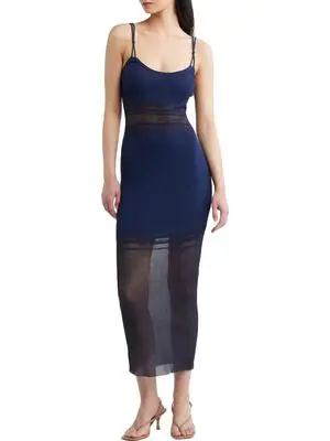 Torn By Ronny Kobo Kimberly Ribbed Knit Square Neck Sheer Panel Midi Sweater Dress - Navy