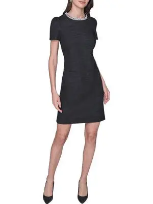 Karl Lagerfeld Paris Embellished Tweed Knit Sheath Dress - Black