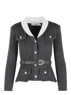 SELF-PORTRAIT Ribbed Cardigan With Belt And Buckle - Gray