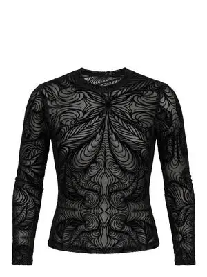 JANARA JONES Iris Flocked Stretch Mesh Long Sleeve Top - Black