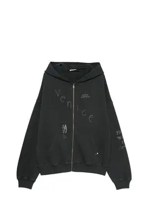 Palm Angels Jersey Zip-up Hoodie With Graphic Print And Swarovski Crystal Embellishment - Black