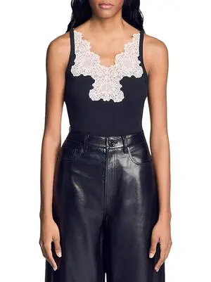Sandro Ribbed Lace Tank Top - Black