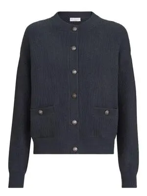 Brunello Cucinelli Rib Knit Crew Neck Cardigan With Button Detail - Multicolor