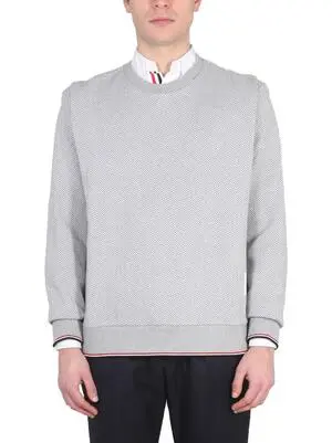 Thom Browne Jersey Crewneck With Herringbone Pattern And Ribbed Hem - Gray