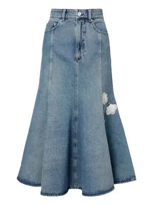 Erdem Floral Appliqué Denim Midi Skirt - Blue