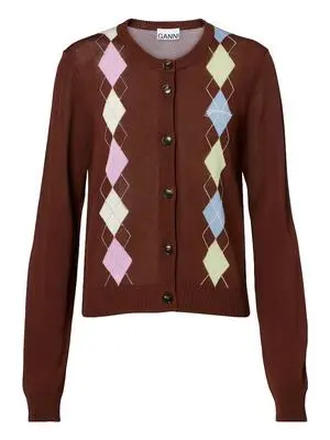 GANNI Argyle Cotton Cardigan - Brown