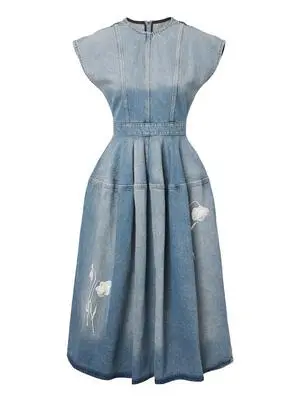 Erdem Floral Appliqué Denim Midi Skirt - Blue