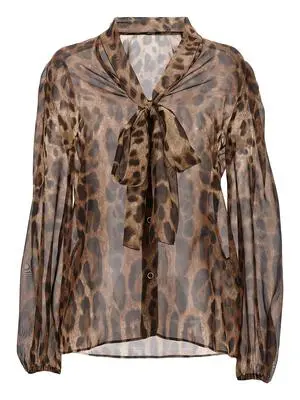 Dolce & Gabbana Sheer Animal Print Silk Shirt With Pussy Bow - Multicolor