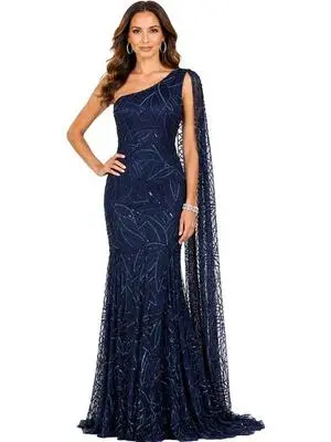 LARA NEW YORK Beaded One-shoulder Cape Gown - Navy
