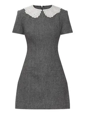 SELF-PORTRAIT Grey Herringbone Knit Dress With Lace Collar - Gray